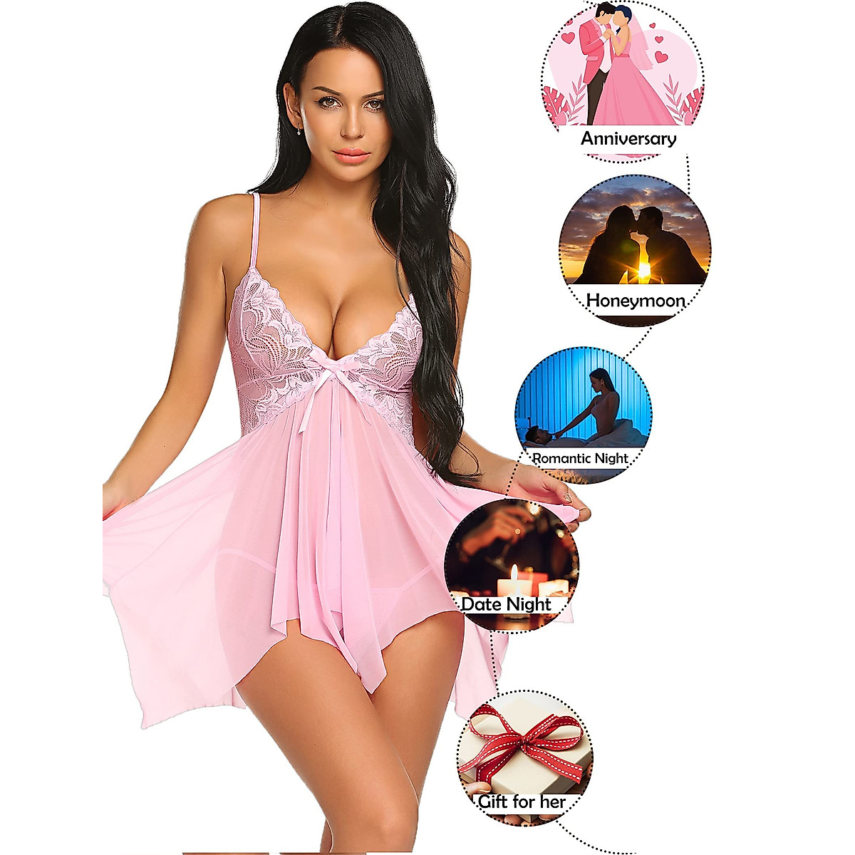 Avidlove Women's Lingerie Lace Babydoll V Neck Chemise Full Slip Wedding Nightdress Open Front Lingerie Pink