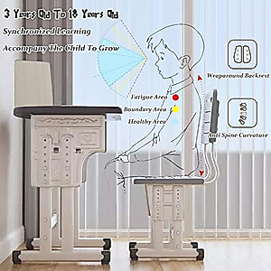 WGLAWL Kids' Table Chair Sets, Kids' Desks Chair, Height Adjustable Ergonomic Children Study Desk Table Computer Workstation with Large Storage Drawer Built-in Bookshelf, Kids Bedroom Furniture