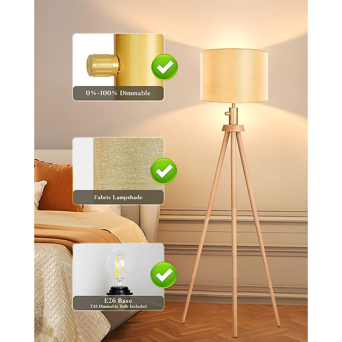 Dimmable Tripod Floor Lamp, Mid Century Standing Lamp with 0%-100% Brightness LED Bulb Beige Linen Drum Shade, E26 Socket, Bedside Lamp, Wooden Floor Lamp for Living Room, Bedroom, Office