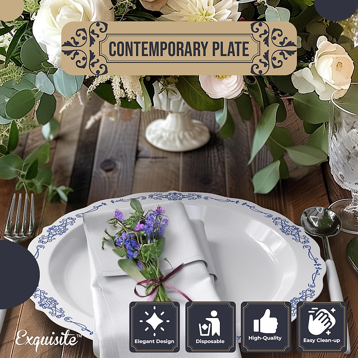 Exquisite Victorian Plastic Plates 60 Piece Plastic Disposable Plates for Party Set For 60 Guests 60 x 10 inch Plastic Dessert Plates Plastic Plates Disposable Heavy Duty White & Navy