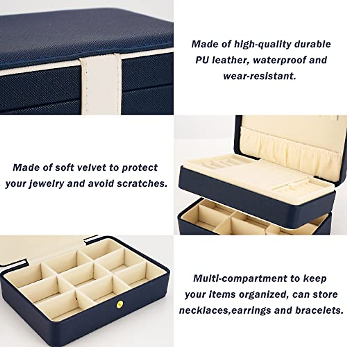 Jewelry Organizer Box, Number-one 3 Layers Medium Travel Jewelry Case PU Leather Portable Jewellery Box Gift for Women Girls Girlfriend, Storage Holder for Rings Earring Necklace Bracelet Watches,Blue