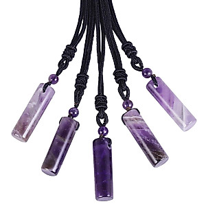 Nupuyai Cylinder Amethyst Pendant Necklace for Unisex, Wand Amulet Reiki Stone Adjustable Braided Cord 18"-27"