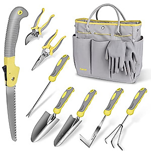 Garden Tool Set, Carsolt 10 Piece Stainless Steel Heavy Duty Gardening Tool Set for Digging Planting Pruning Gardening Kit with Durable Gardening Bag Gloves Gift Box Ideal Garden Gifts for Women Men