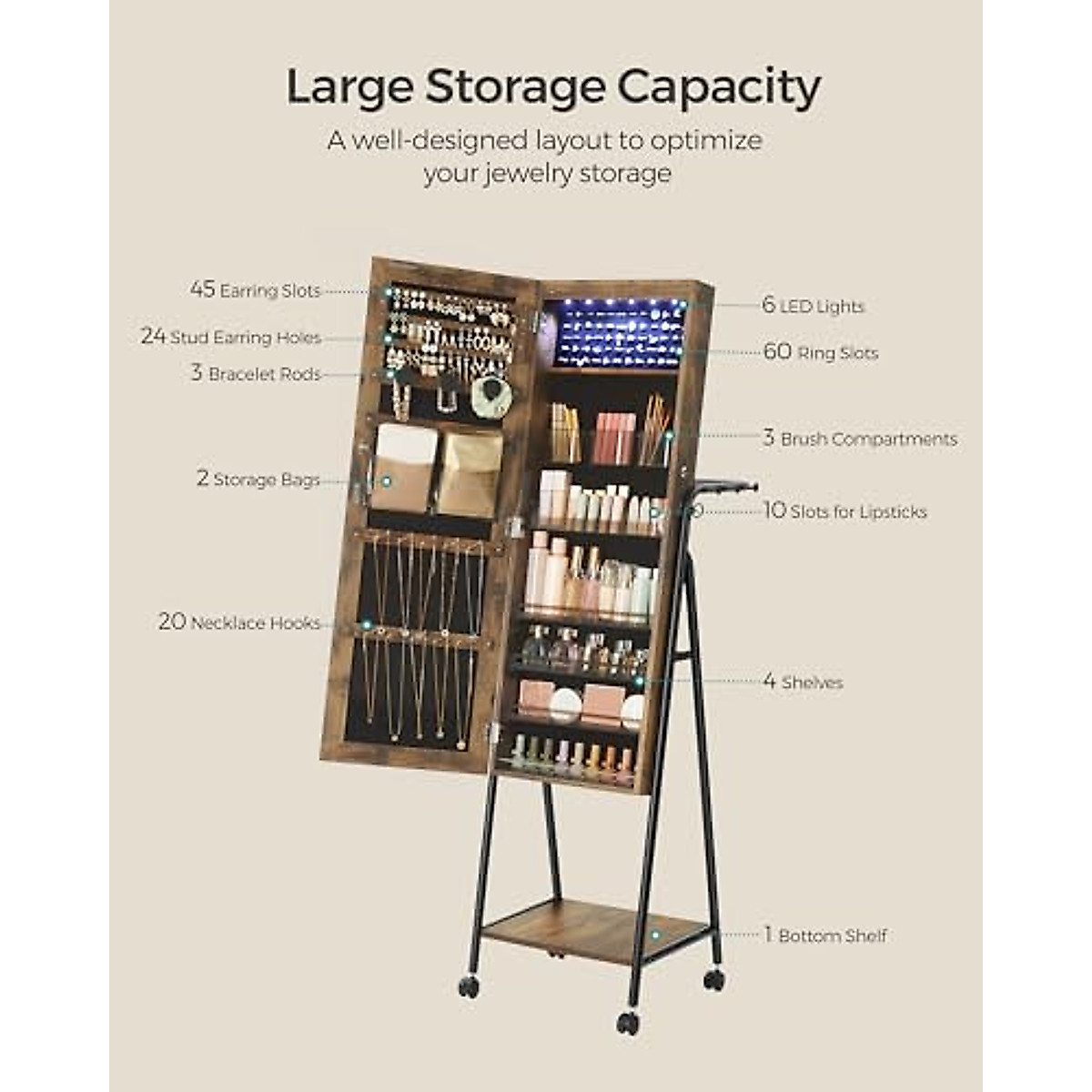 SONGMICS 6 LEDs Lockable Mirror Jewelry Cabinet,Organizer, Standing Jewelry Armoire with 4 Wheels, Mirror with Jewelry Storage, Coat Rack, Shelf, Rustic Brown and Black UJJC005X01