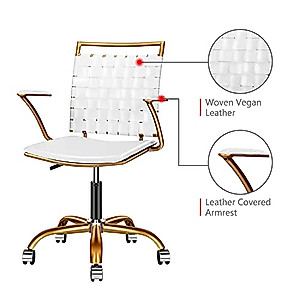 LUXMOD Vanity Chair Gold Office Chair Mid Back Ergonomic Swivel Computer Desk Chair with Arms, Ergonomic White Leather Chair for Lumbar Support & Extra Back,Home Office Chair for Desk