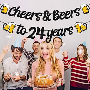 24th Birthday Decorations Cheers to 24 Years Banner for Men Women 24s Birthday Backdrop Wedding Anniversary Party Supplies Black Glitter Decorations PRE Strung