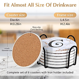 Monogrammed Coasters for Drinks Absorbents with Holder, Set of 6 Ceramic Marble Style Drink Coaster with Cork Base,Personalized Coasters Customizable with Name, Housewarming Gifts