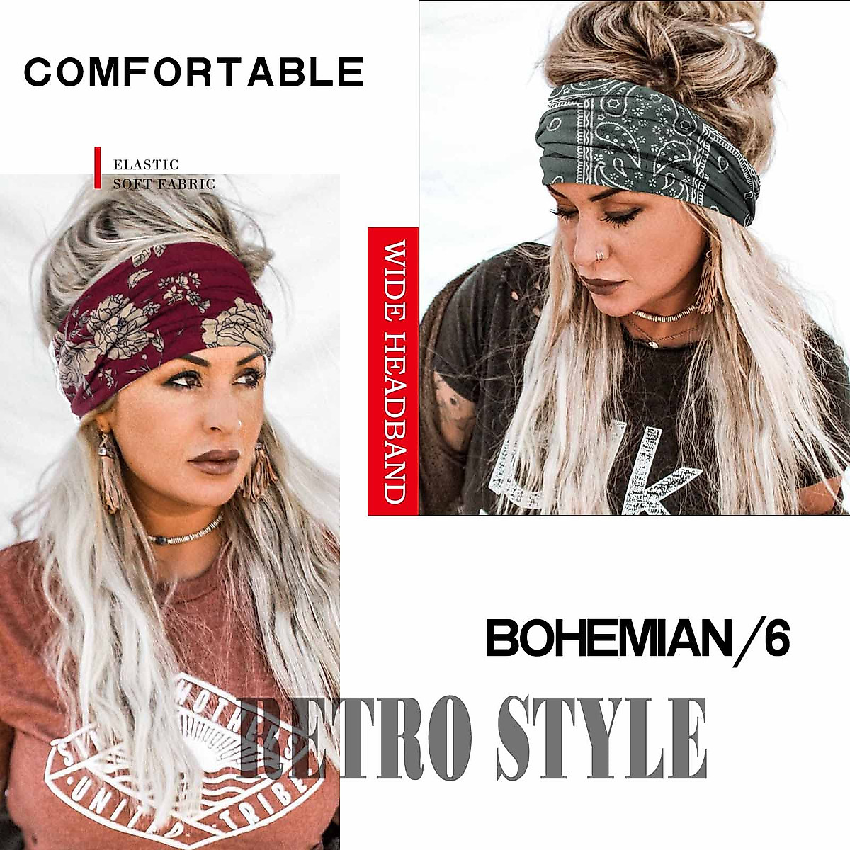 Olbye Boho Headbands for Women - Wide Knotted Elastic Turban Hair Accessories, Floral Yoga Sports Sweatbands, Workout Wraps and Bandanas, 6Pcs