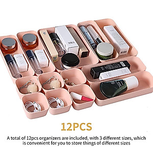 Thinkspace Beauty 12 Pieces Plastic Desk Drawer Organizer and Storage, Vanity Organizers Bins Trays Set Dividers for Makeup Office Bathroom Dresser Kitchen, Pink (39289)