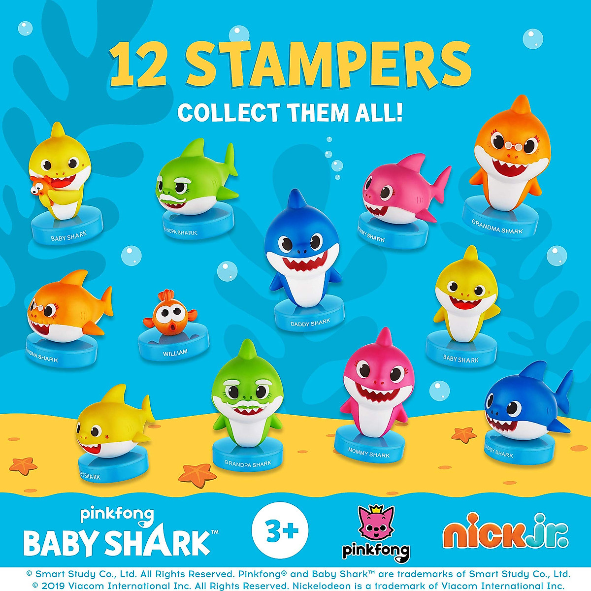 Baby Shark Toy Stampers Set of 5 – Self-Inking Baby Shark Toys, Action Figures, Party Decor, Birthday Party Supplies, Cake Toppers – Parent, Baby, Grandparent Sharks and William - Party Decor (B)