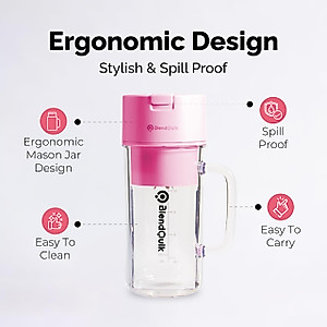 BlendQuik, Personal Portable Blender For Shakes & Smoothies, Leakproof & Stylish Portable Mason Jar Shaker, Rechargeable Mini Blender with 10-Blade Blending System 14oz, Pink