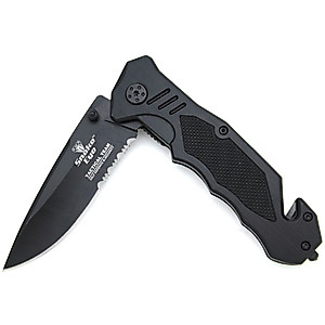 Snake Eye Tactical All Black Rescue Style Spring Assisted Folding Pocket Knife Hunting Camping Fishing Outdoors Razor Sharp Blade (383)