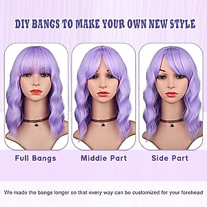 HAIRUP Lavender Wig with Bangs for Women, Short Wavy Curly Bob Wig Light Purple Wigs 14 Inch Shoulder Length Colored Pastel Purple Wig Daily Party Cosplay Wigs