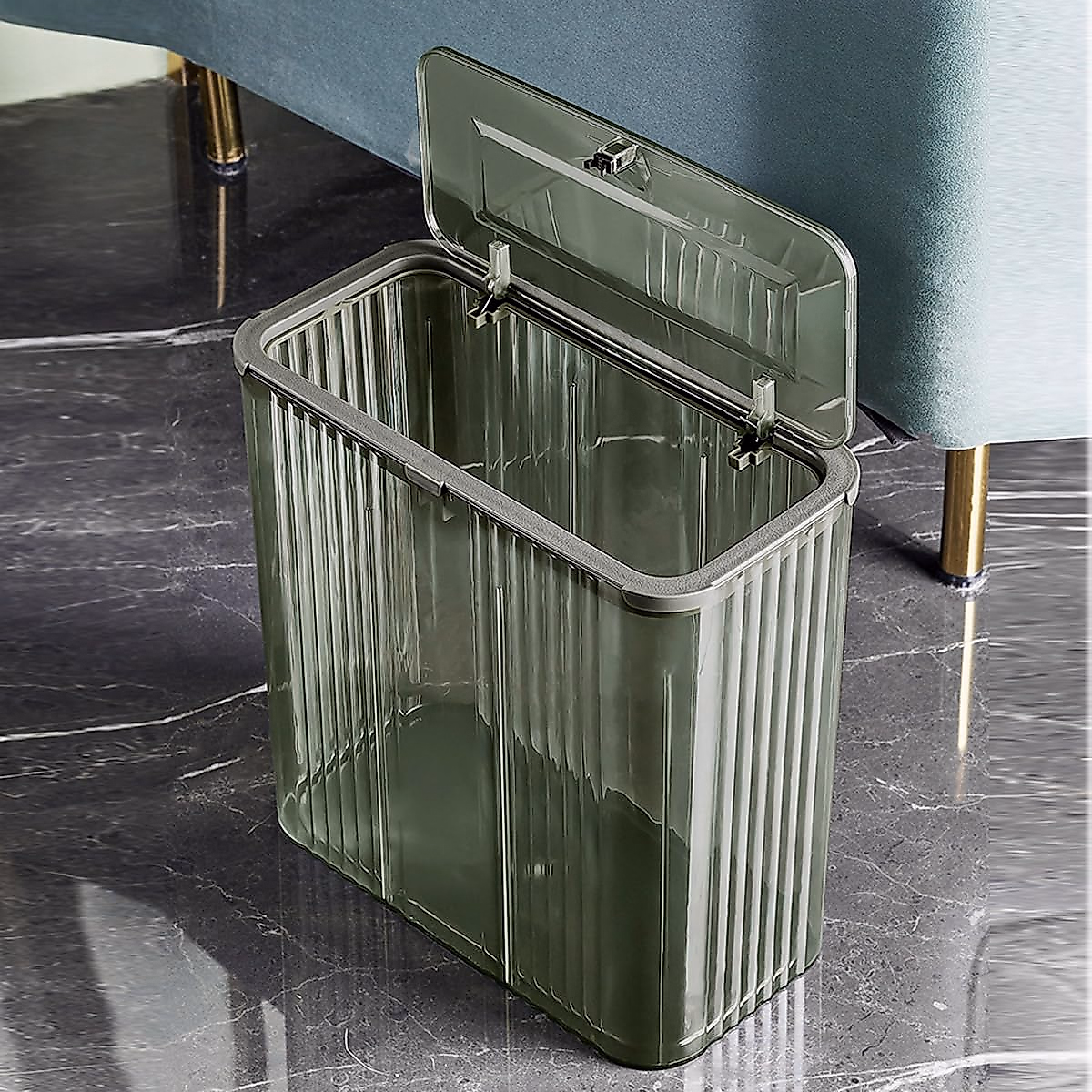 Aiabaleaft Transparent Trash Can Bathroom Trash Cans with Lids Plastic Slim Waste Basket with Press Top Lid 3.9 Gallon/15L Clear Garbage Can for Bathroom, Bedroom,Office (Transparently Green)