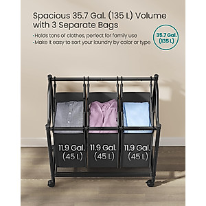 SONGMICS Laundry Sorter, Rolling Laundry Basket with 3 Removable Bags, Laundry Hamper, Laundry Cart, for Laundry Room, Bedroom, Bathroom, 3 x 11.9 Gallons, Ink Black URLS102B01