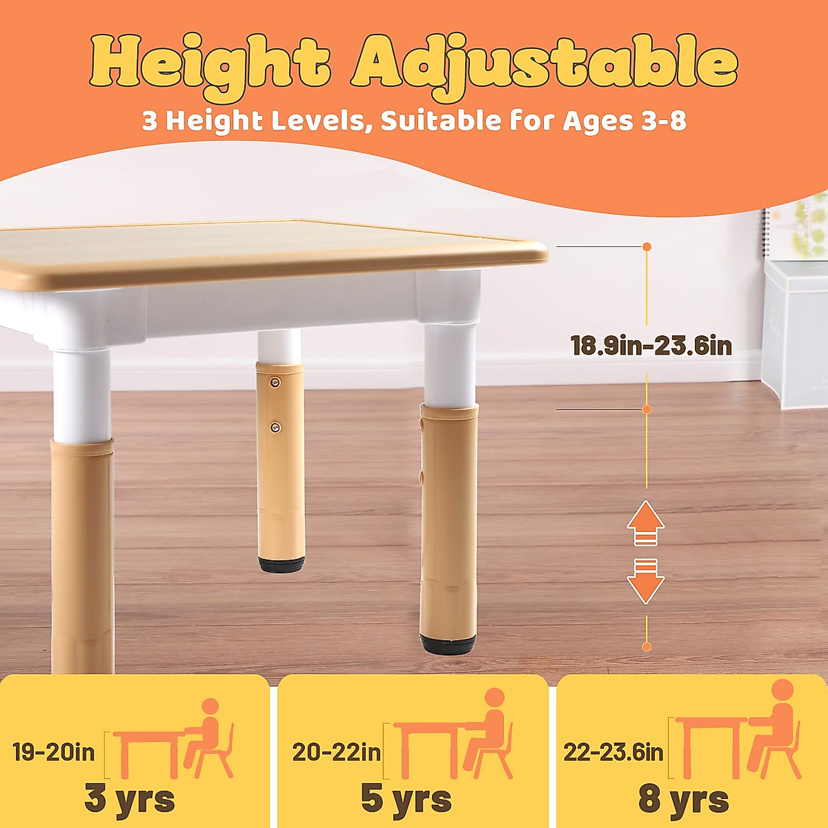 FUNLIO Adjustable Kids Table, 3 Level Height Adjustable Toddler Table for Ages 3-8, Easy to Wipe Arts & Crafts Child Table, for Classrooms/Daycares/Homes, CPC & CE Approved, 23.6 x 23.6inch - Natural