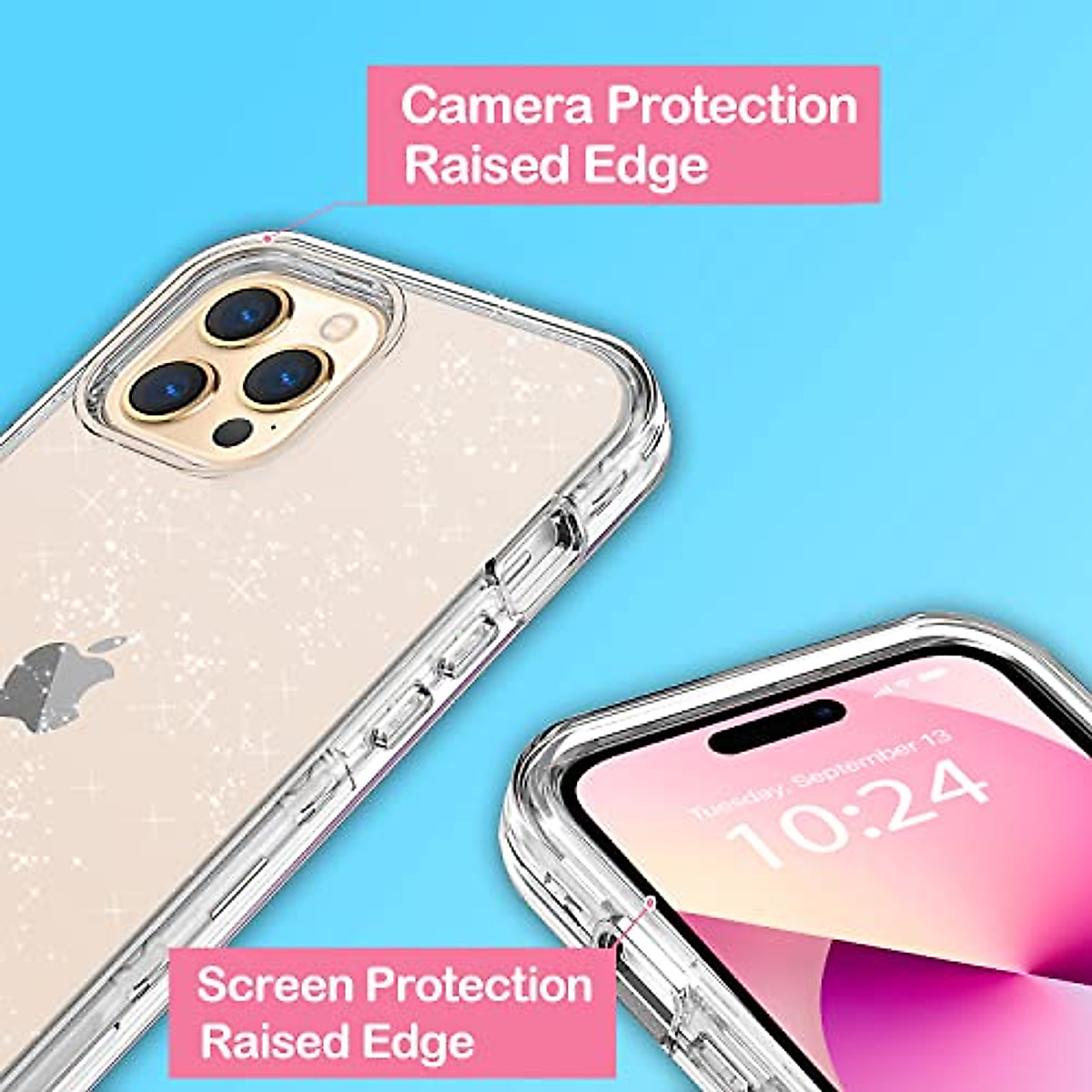 Coolwee Crystal Glitter Full Protective Case Compatible Apple iPhone 14 Pro Max, 6.7 inch, Heavy Duty Hybrid 3 in 1 Rugged Shockproof Women Girls Transparent Clear Sparkle
