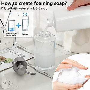 Foaming Soap Dispenser Set, 12 Oz Glass Hand Soap Dispenser with 304 Rust Proof Stainless Steel Pump, Waterproof Labels, for Bathroom Decor Kitchen College Dorm, Clear Silver Pump 2 Pack