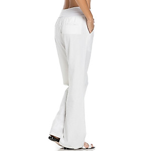 Poplooks Women's Comfy Fold Over Linen Pants (Small, White)