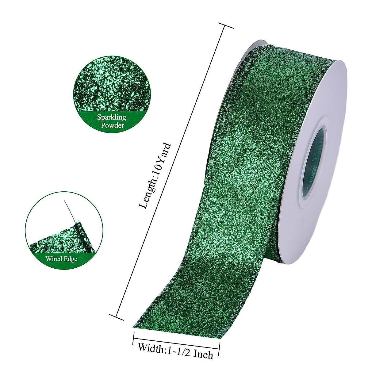 Ribest Green Glitter Wired Ribbon for Christmas Tree Wreath Decoration Home Décor Gift Wrapping Crafts Sewing, 1 1/2 Inch 10 Yard