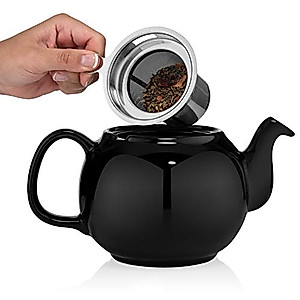 SAKI Large Porcelain Teapot, 48 Ounce Tea Pot with Infuser, Loose Leaf and Blooming Tea Pot - Black