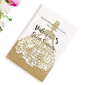 ponatia 25PCS Crown Gold Glitter Quinceanera Invitations, Laser Cut Invitations Cards With Envelopes, Printable Inner Sheets For Birthday, Baby Shower, Quinceañera Party Invite, XV Años, Quince