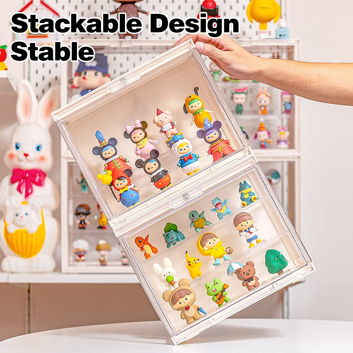 GOTO 2Packs Clear Assemble Display Boxes, Display Storage Cases, Stackable Show Cases for Pop Mart, Action Figures, Lego, Collectibles, Toys, Cosmetics (2 Boxes with 4 Partitions)