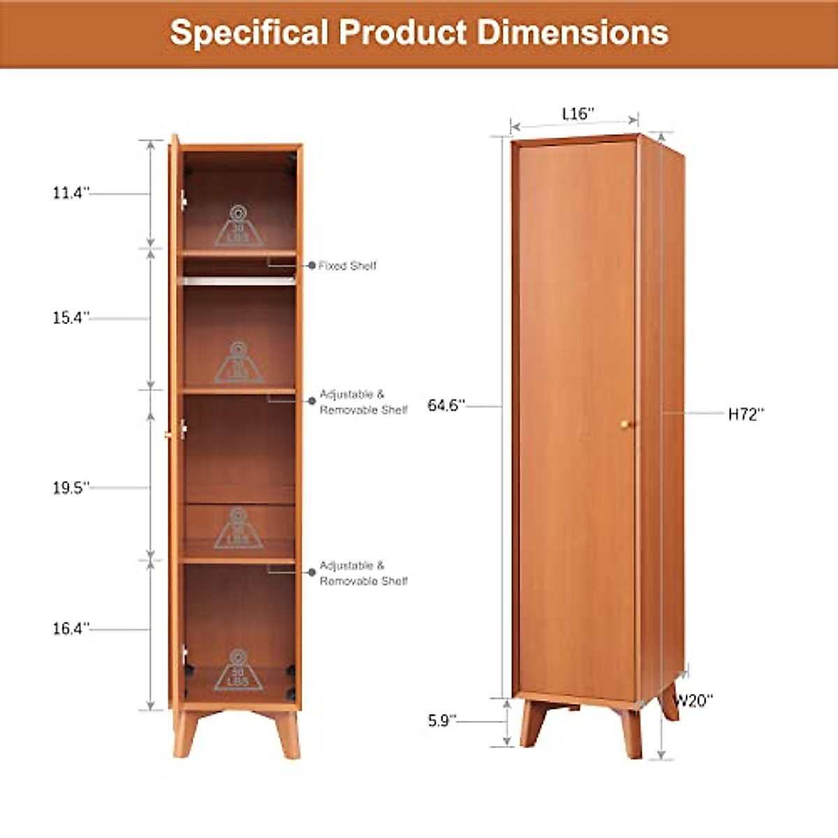 OKD Modern Storage Cabinet, 72" Tall Bathroom Cabinet with Adjustable Shelves, Wood Narrow Pantry for Home,Kitchen,Laundry,Utility Room, Hanging Rod Included (Cherry)