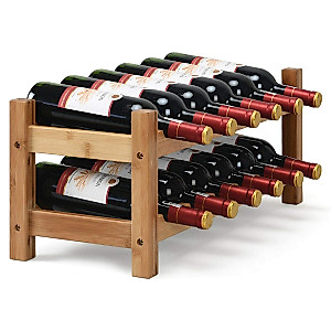 COSTWAY Wine Rack, Bamboo 12 Bottles 2-Tier Wine Display Rack for Countertop Home Kitchen Pantry, Free Standing Wine Storage, Rack Tabletop Wine Rack (Nature)