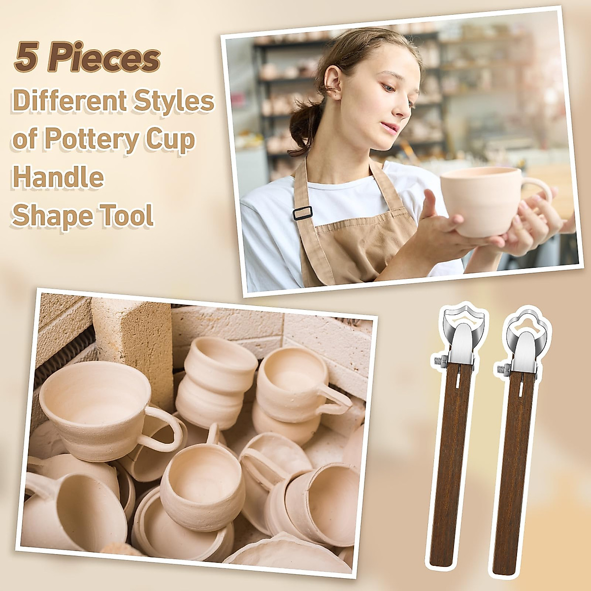 Therwen 5 Pieces Sculpture Scraper Clay Extruder Tool Pottery Carving Pottery Cup Handle Shape Tool Teacup Mug Handgrip Clay Cutters with Wooden Handle for Cup Making Ceramic Sculpture Craft