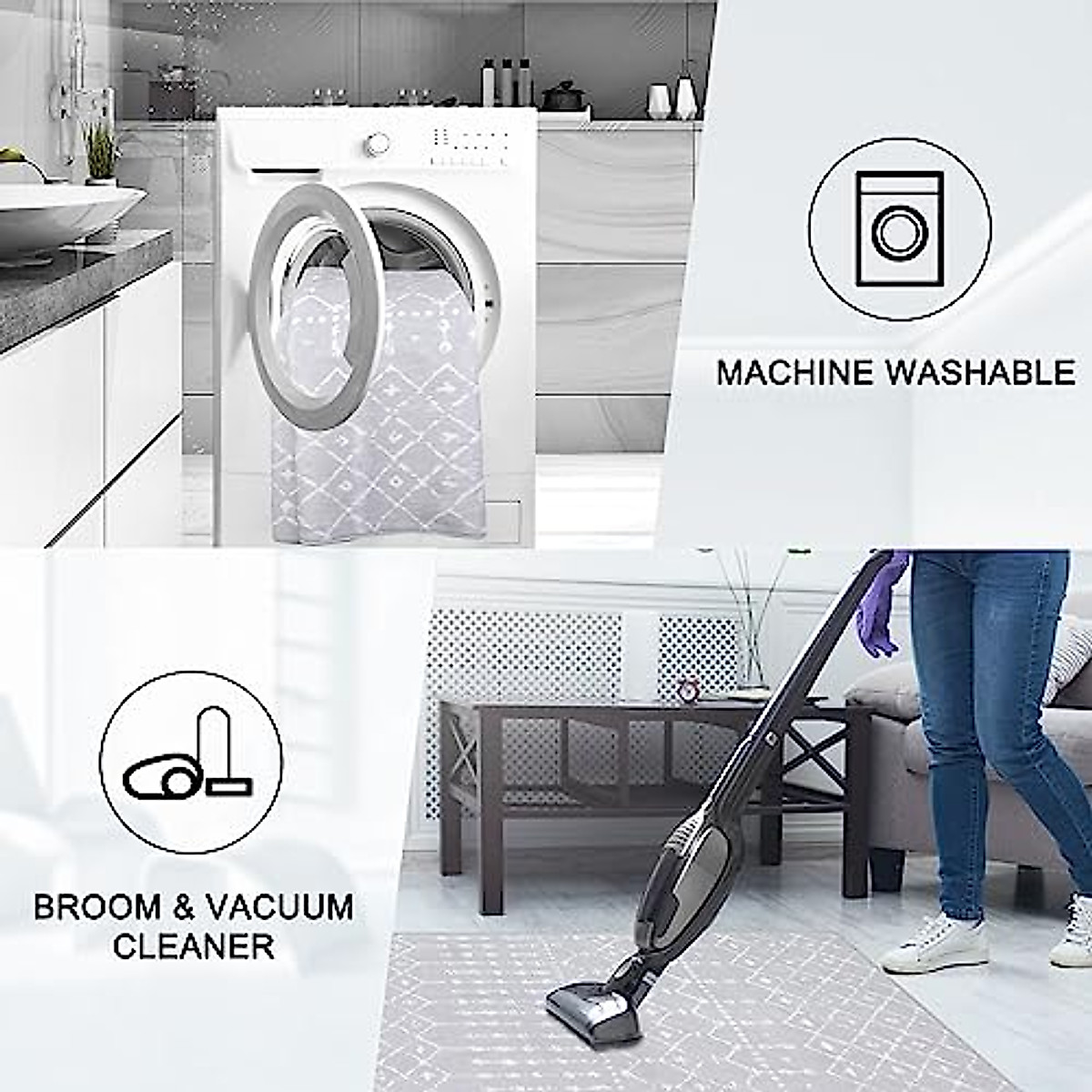 LIVEBOX Washable Grey 2.5x8 Runner Rug Non-Slip for Entryway, Neutral Moroccan Kitchen Rug Long Hallway Rug Runner, Boho Geometric Low-Pile Carpet Throw Rug for Bathroom Laundry Room