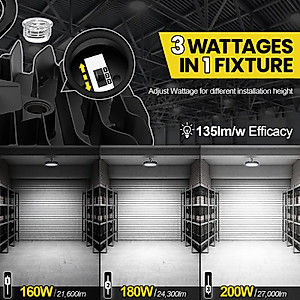 YARBO 200W LED High Bay Light 180W 160W Selectable, 3000K/4000K/5000K Switchable UFO LED High Bay Light, US Plug 5' Cable,Hanging Hook,Safe Rope,Non-Dimmable High Bay LED Shop Lights for Factory-2Pack