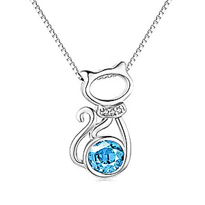 AOBOCO Cat Necklace for Cat Lovers 925 Sterling Silver March Birthstone Pendant Crystal Cat Jewelry Gifts for Women