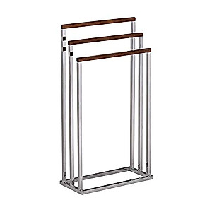 Pilaster Designs Preston Chrome Metal and Walnut Wood Transitional 3 Tier Freestanding Bathroom Towel Rack Organizer