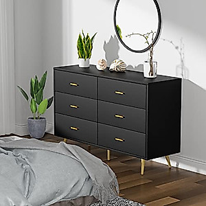 LYNSOM Black Dresser, Modern 6 Drawer Dresser for Bedroom with Wide Drawers and Metal Handles, Wood Storage Chest of Drawers for Living Room Hallway Entryway