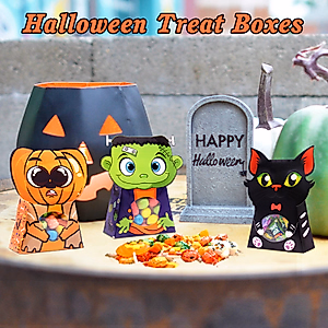 JX 24 Pack Halloween Treat Boxes with Clear Window,Halloween Goodies Candy Boxes,Tick or Treat Cookie Boxes Gift Bags Cardboard for Treats Halloween Party Favor Decoration Supplies,8 Styles