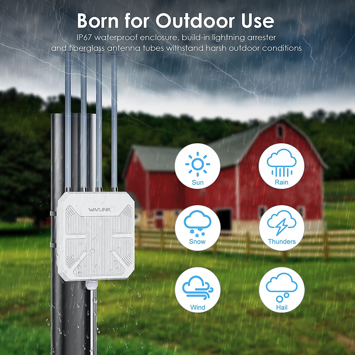 WAVLINK Outdoor WiFi 6 Wireless Access Point, AX1800 WiFi 6 Extender Long Range, Support Active PoE, 4x8dBi Antennas,Work with Starlink/Repeater/Router,IP67,Up to 128 Devices for Farm,Yard,RV,Campsite