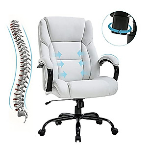 LCH Big &amp; Tall Office Chair 500lbs PU Leather Ergonomic Computer Chair, Home Desk Chair Wide Seat Executive Chair with Massage Lumbar Support &amp; Soft Arms for Heavy People (White)