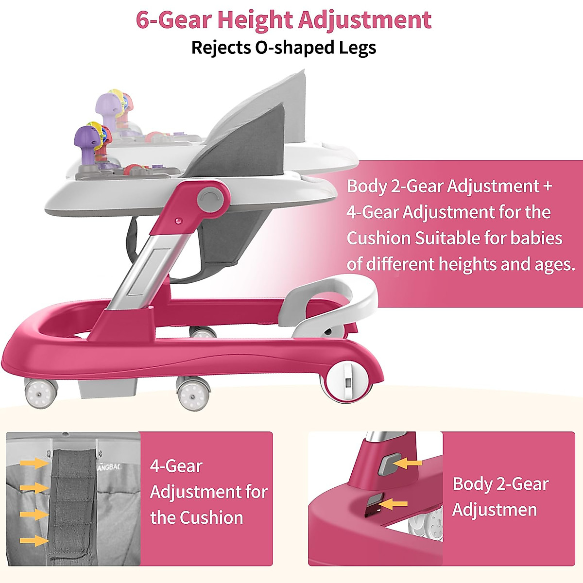 (Rose-red) Baby Walker, 6-Gear Height Adjustable Foldable Baby Walkers and Activity Center, Baby Walker with Wheels, Infant Toddler Walker with Music Disk, Baby Walkers for Baby Boys and Girls