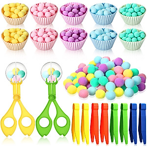 120 Pcs Fine Motor Toys Counting Sorting Sensory Bin Filler Counting Set 100 Pcs Colorful Plush Ball 8 Pcs Tweezers 2 Pcs Scissors Clips 10 Pcs Cups for Early Education and Counting Sorting Training