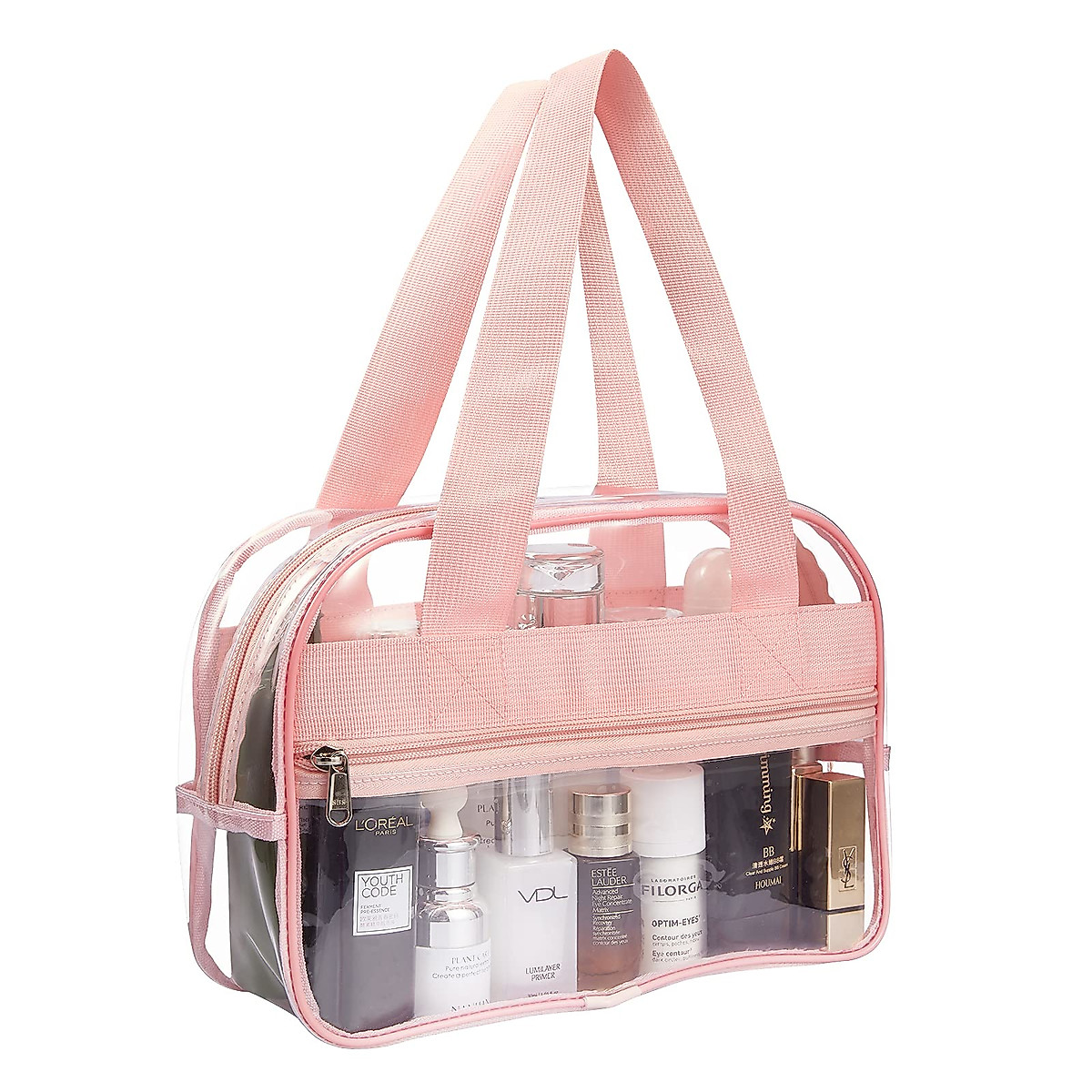 Premium Large Clear Makeup Cosmetic Toiletry Organizer Bag, Clear Tote Bag Stadium Approved, Mini Clear Purse for Gym, Work, Travel or Concert (Pink)