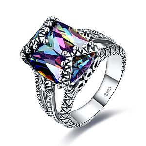 Merthus 12x16mm Cushion Cut Simulated Mystic Rainbow Topaz Black Oxidized Finished 925 Sterling Silver Bohemian Ring for Women Size 6