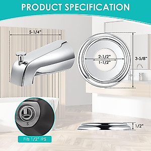 Enhon Universal Bathroom Spout with Metal Cover, 5 1/4 Inch Reach, Front Mount Tub Spout with Shower Diverter, 1/2'' IPS Thread (Chrome)
