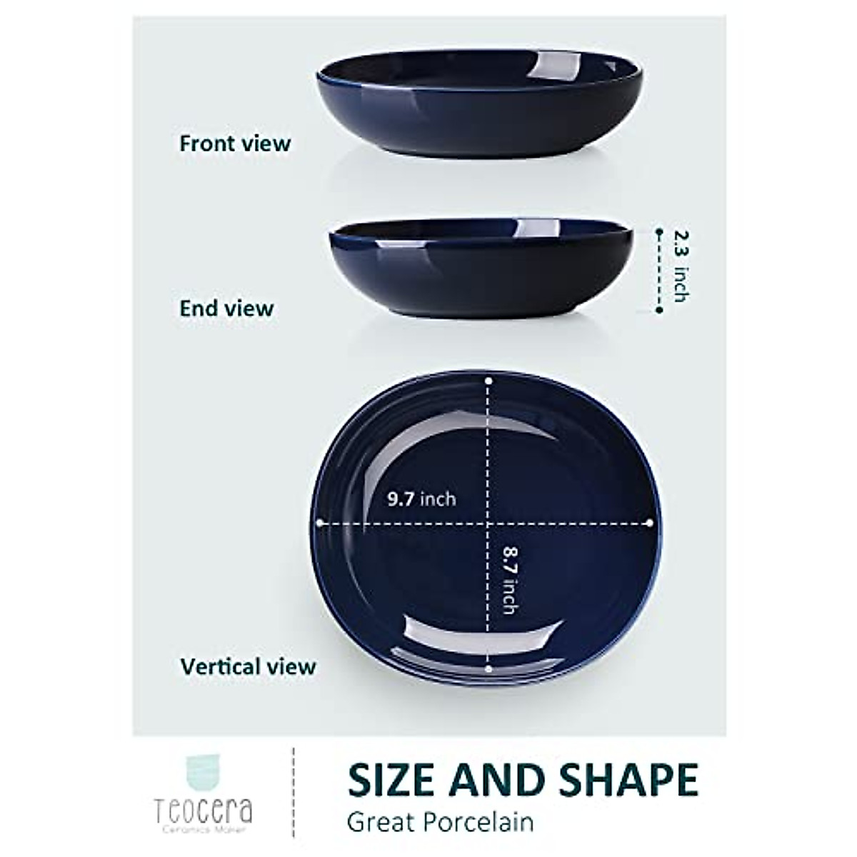 Teocera Pasta Bowls, Salad Bowls Set, Large Serving Bowls, 50 Ounce Porcelain Navy Bowls Set of 4 - Square Design, Microwave Dishwasher Safe