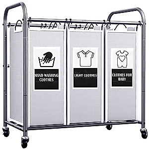 C&AHOME 3-Bag Laundry Sorter Cart, Rolling Laundry Hamper Organizer, Laundry Basket Sorter, Removable Bags with 4 Sorting Cards and Heavy Duty Rolling Lockable Wheel for Clothes Storage, Grey ULSCM03G