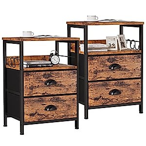 Furologee Nightstands Set 2, Bedside Table with 2 Fabric Drawers, End Table with 2 Hooks, Open Wood Shelf Side Sofa Table for Bedroom/Living Room/Study/Hallway/Rustic Brown