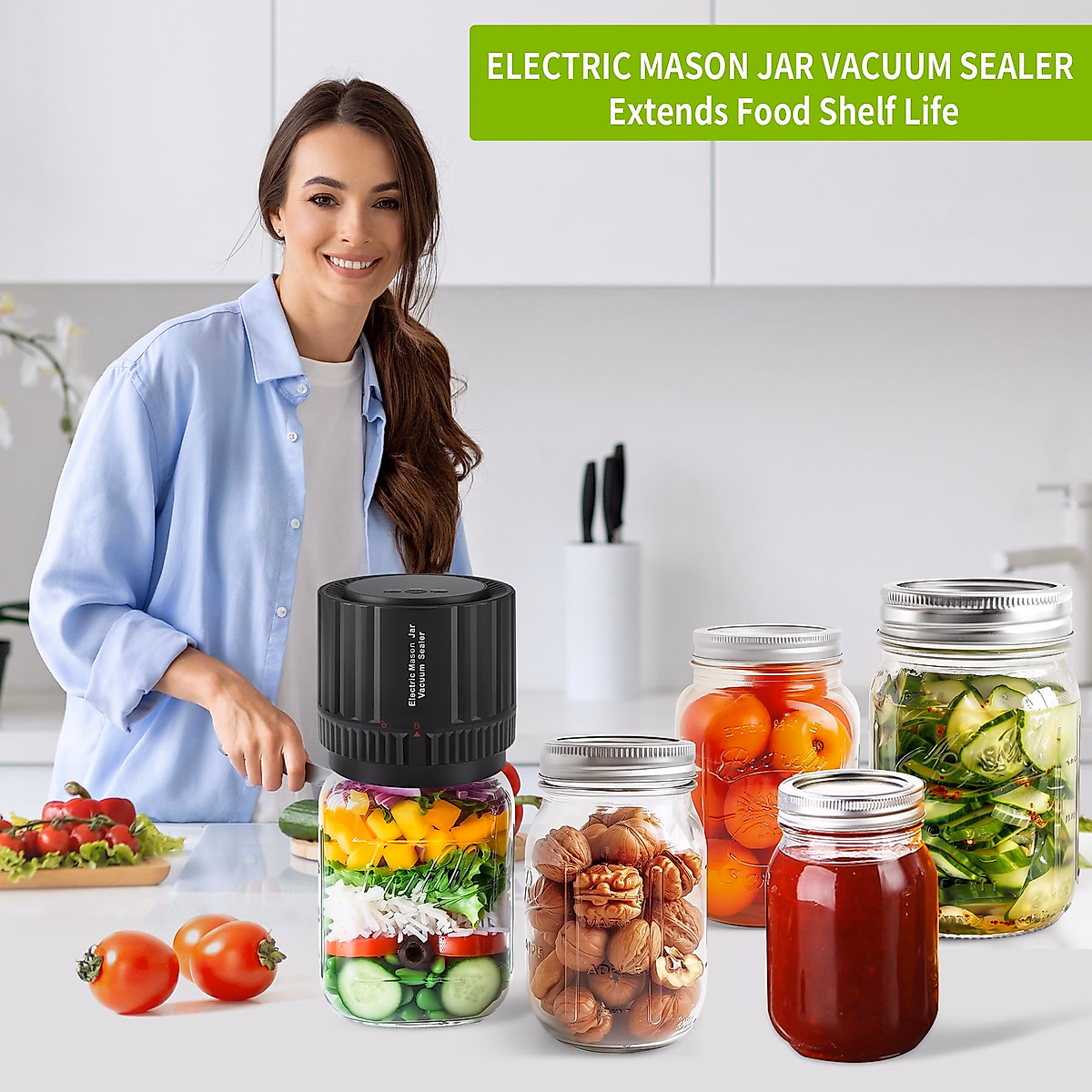 Electric Mason Jar Vacuum Sealer, Jar Vacuum Sealer for Mason Jars with Wide and Regular Mouth Jar Lids, Mason Jar Sealer, Mason Jar Vacuum Sealer Kit for Food Storage, Fermentation, Canning, Sealing