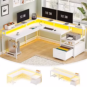 SEDETA White L Shaped Gaming Desk, 66" Home Office Desk with File Drawer, Power Outlet and Led Lights, Corner Computer Desk with Monitor Shelf, Printer Storage Shelves, for Two Person
