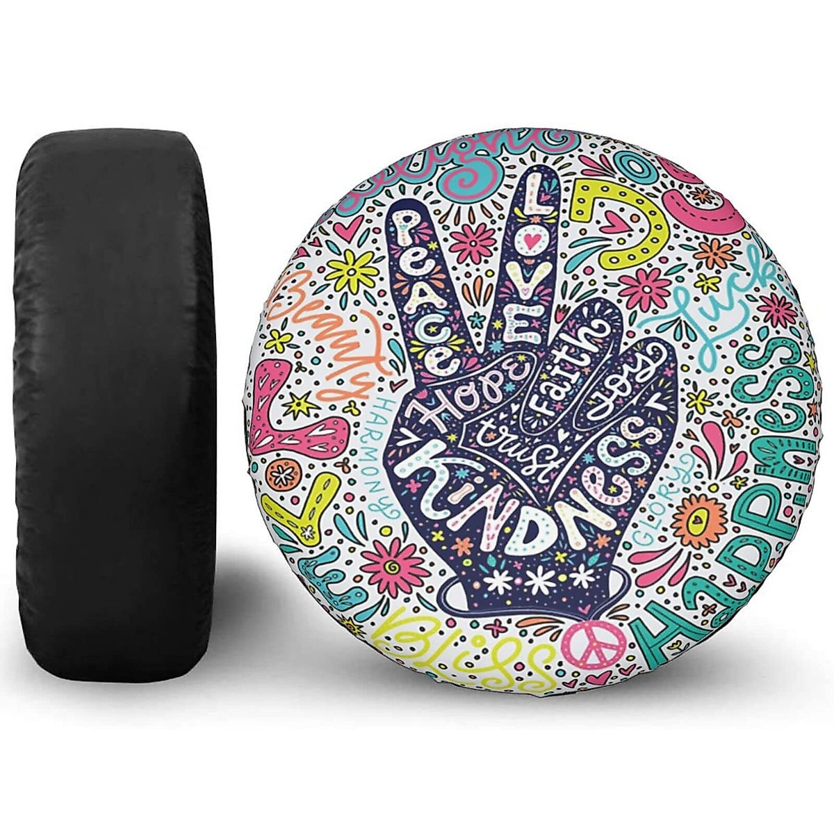 KiuLoam Floral Peace Sign Gesture Spare Tire Cover Polyester Universal Sunscreen Waterproof Wheel Covers for Trailer RV SUV Truck and Many Vehicles (17" for Diameter 31"-33")