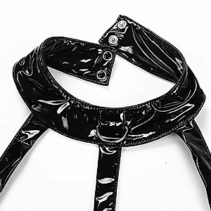 FEOYA Black Shiny Metallic Crop Tops for Women Sexy Wet Look PVC Latex Bra Large